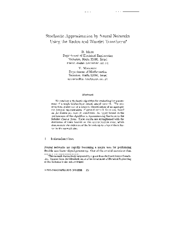 (PDF) Stochastic approximation by neural networks using the Radon and wavelet transforms