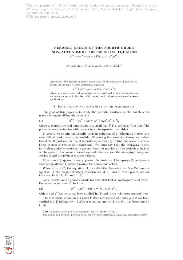 (PDF) Periodic orbits of the fourth-order non-autonomous differential equation