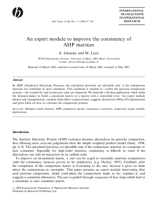 (PDF) An expert module to improve the consistency of AHP matrices