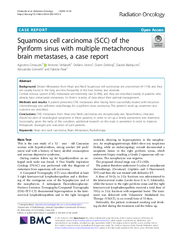 (PDF) Squamous cell carcinoma (SCC) of the Pyriform sinus with multiple metachronous brain ...