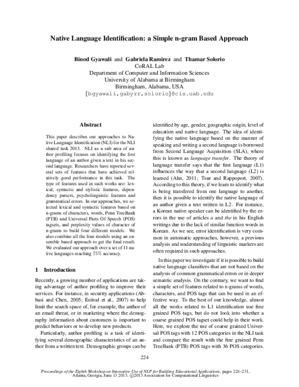 (PDF) Native language identification: a simple n-gram based approach