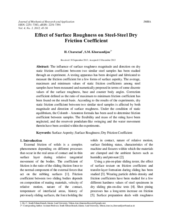 Pdf Effect Of Surface Roughness On Steel Steel Dry Friction Coefficient