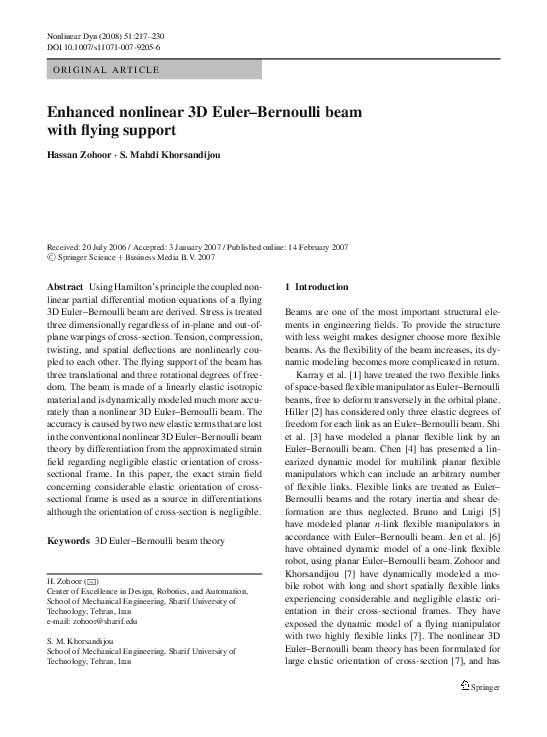Pdf Enhanced Nonlinear 3d Euler Bernoulli Beam With Flying Support
