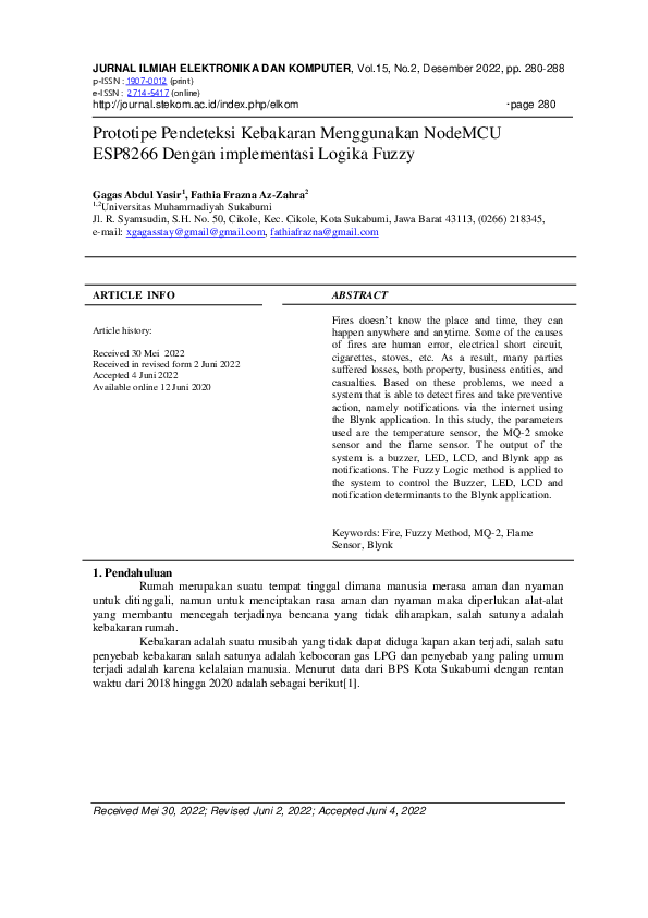 Pdf Prototipe Pendeteksi Kebakaran Menggunakan Nodemcu Esp8266 Dengan Implementasi Logika Fuzzy