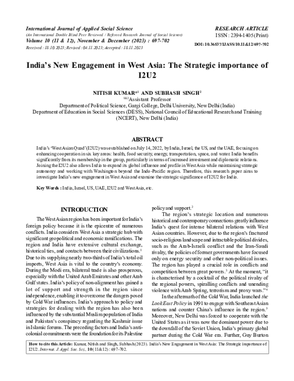 (PDF) India's New Engagement in West Asia: The Strategic importance of I2U2