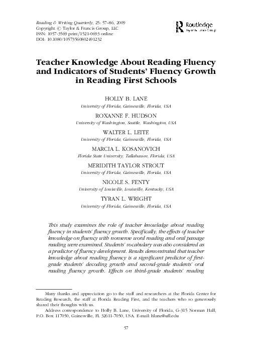 (PDF) Teacher Knowledge About Reading Fluency and Indicators of ...