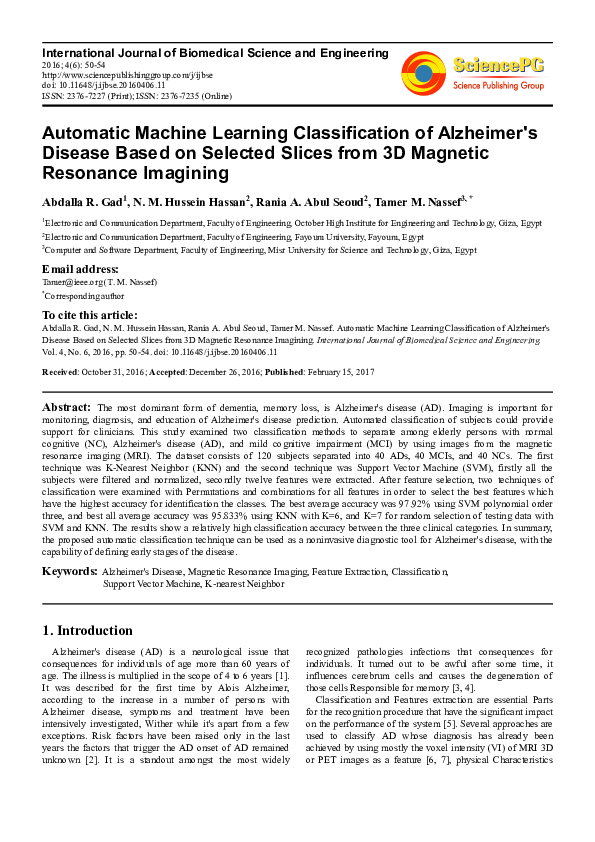 (PDF) Automatic Machine Learning Classification of Alzheimer's Disease ...