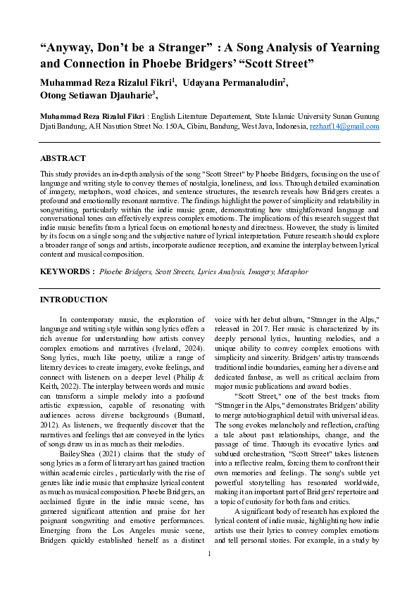 (PDF) "Anyway, Don't be a Stranger" : A Song Analysis of Yearning and Connection in Phoebe ...