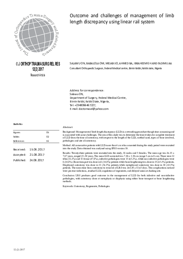 (PDF) Outcome and challenges of management of limb length discrepancy using linear rail system