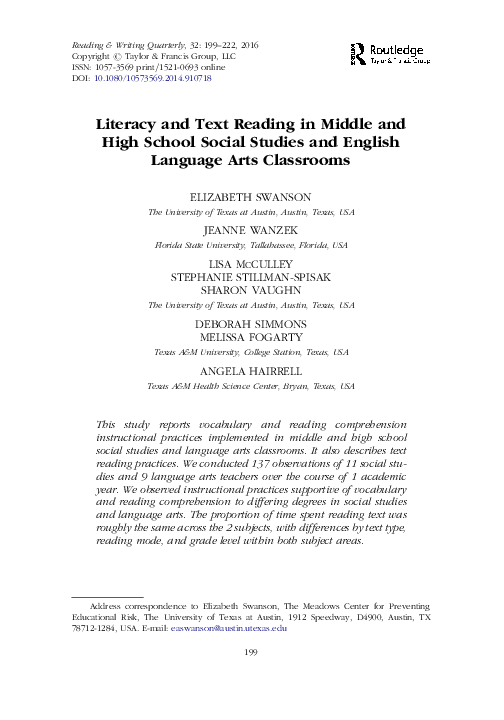 (PDF) Literacy and Text Reading in Middle and High School Social ...
