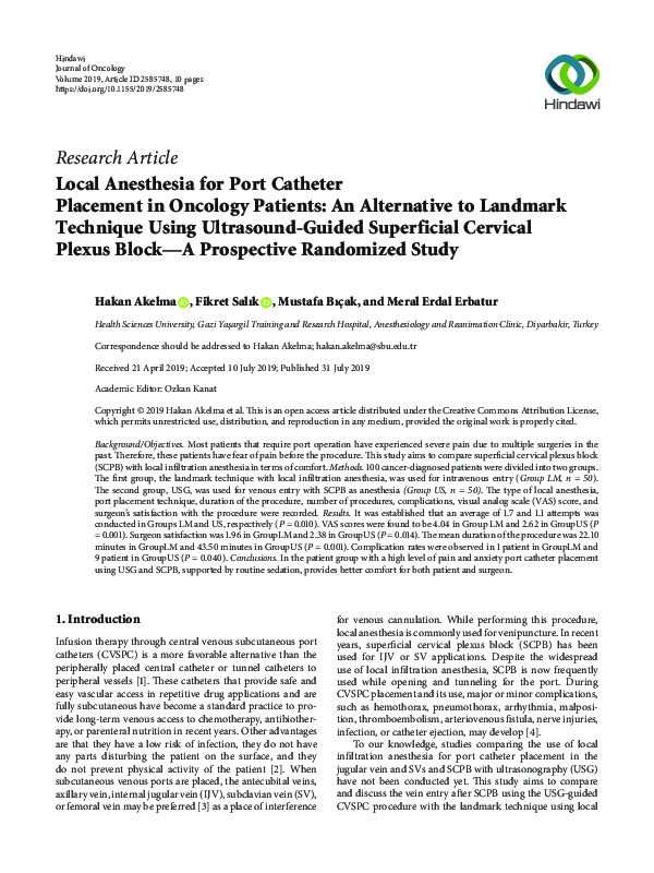 (PDF) Local Anesthesia for Port Catheter Placement in Oncology Patients: An Alternative to ...