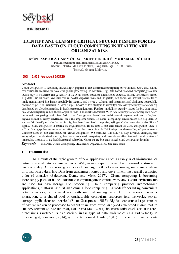 (PDF) Identify and Classify Critical Security Issues for Big Data Based on Cloud Computing in ...