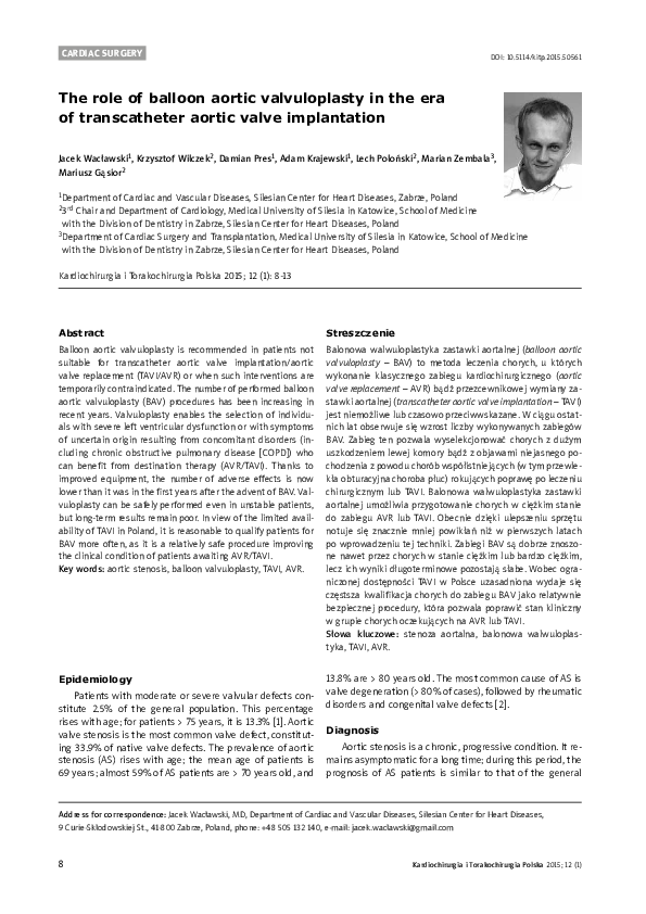 (PDF) CARDIAC SURGERY The role of balloon aortic valvuloplasty in the era of transcatheter ...
