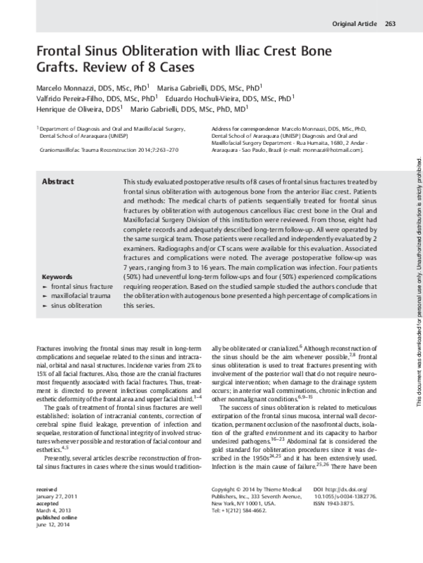 (PDF) Frontal Sinus Obliteration with Iliac Crest Bone Grafts. Review ...