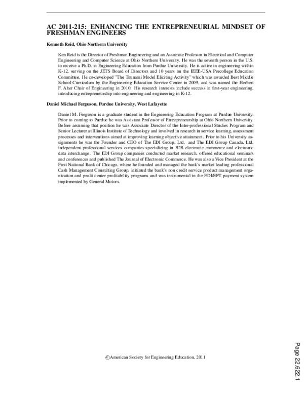 (PDF) Enhancing the Entrepreneurial Mindset of Freshman Engineers