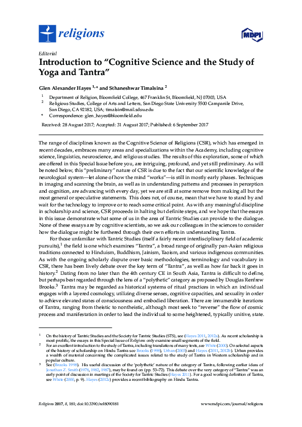 (PDF) Introduction to “Cognitive Science and the Study of Yoga and Tantra”