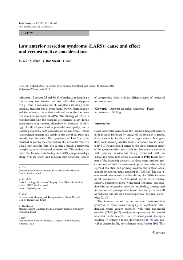 (PDF) Low anterior resection syndrome (LARS): cause and effect and ...