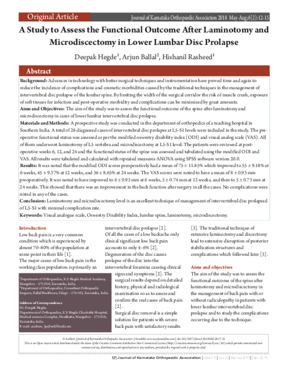 (PDF) A Study to Assess the Functional Outcome After Laminotomy and ...