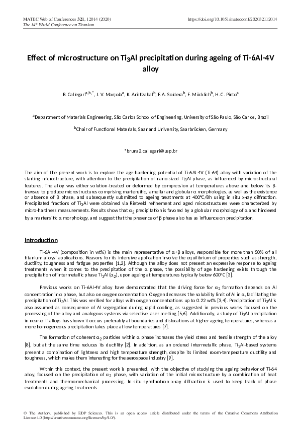 (PDF) Effect of microstructure on Ti3Al precipitation during ageing of Ti-6Al-4V alloy | Haroldo ...