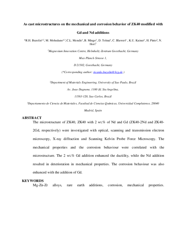 (PDF) As cast microstructures on the mechanical and corrosion behaviour of ZK40 modified with Gd ...