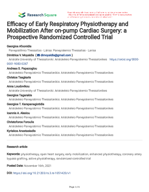 (PDF) Efficacy of Early Respiratory Physiotherapy and Mobilization After on-pump Cardiac Surgery ...