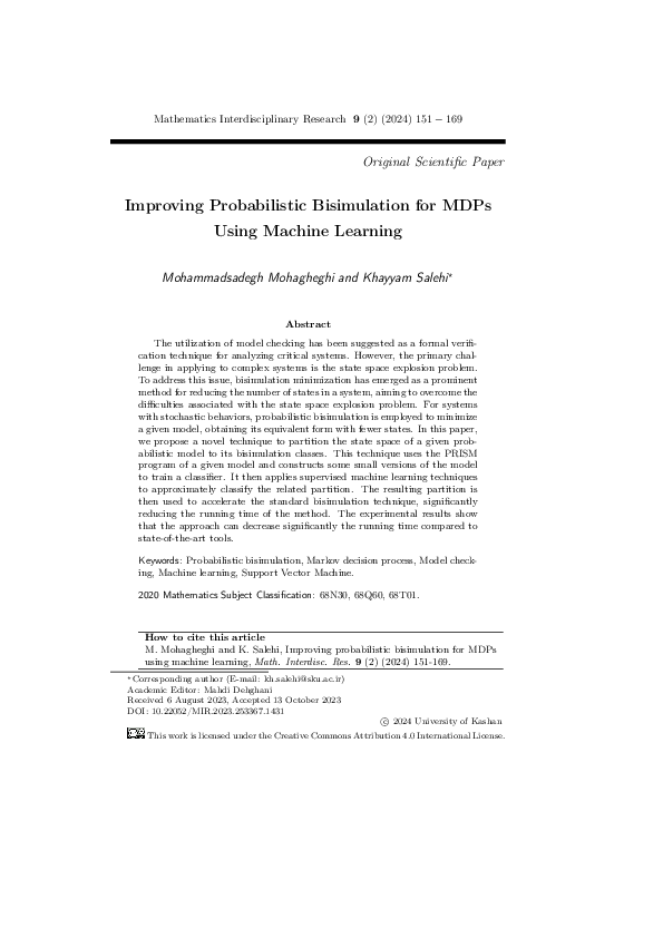 (PDF) Improving Probabilistic Bisimulation for MDPs Using Machine Learning