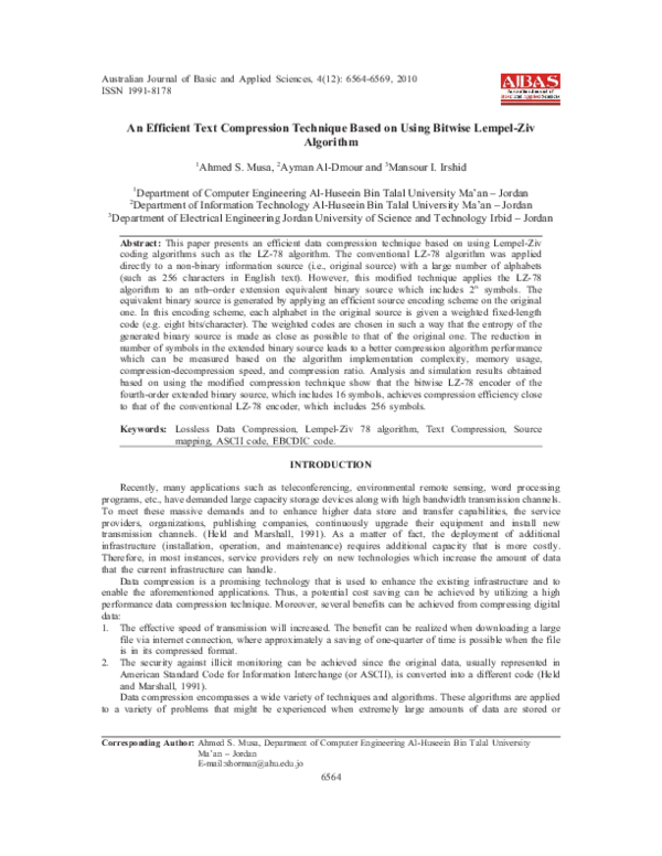 Pdf An Efficient Text Compression Technique Based On Using Bitwise