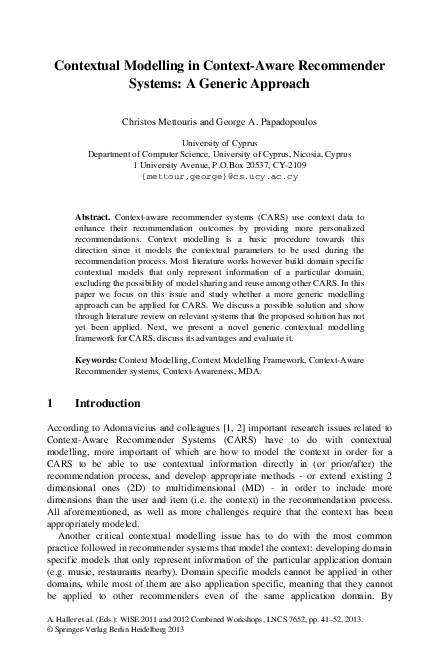 (PDF) Contextual Modelling in Context-Aware Recommender Systems: A Generic Approach