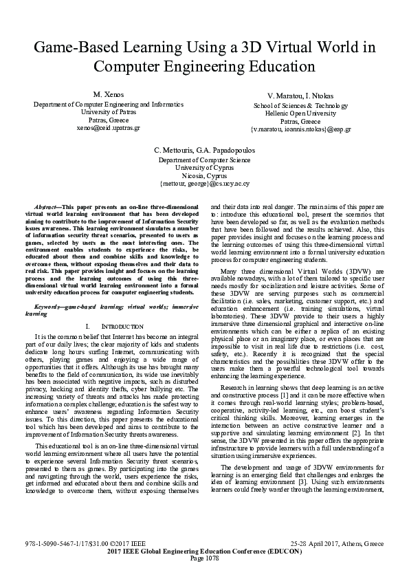 (PDF) Game-based learning using a 3D virtual world in computer engineering education