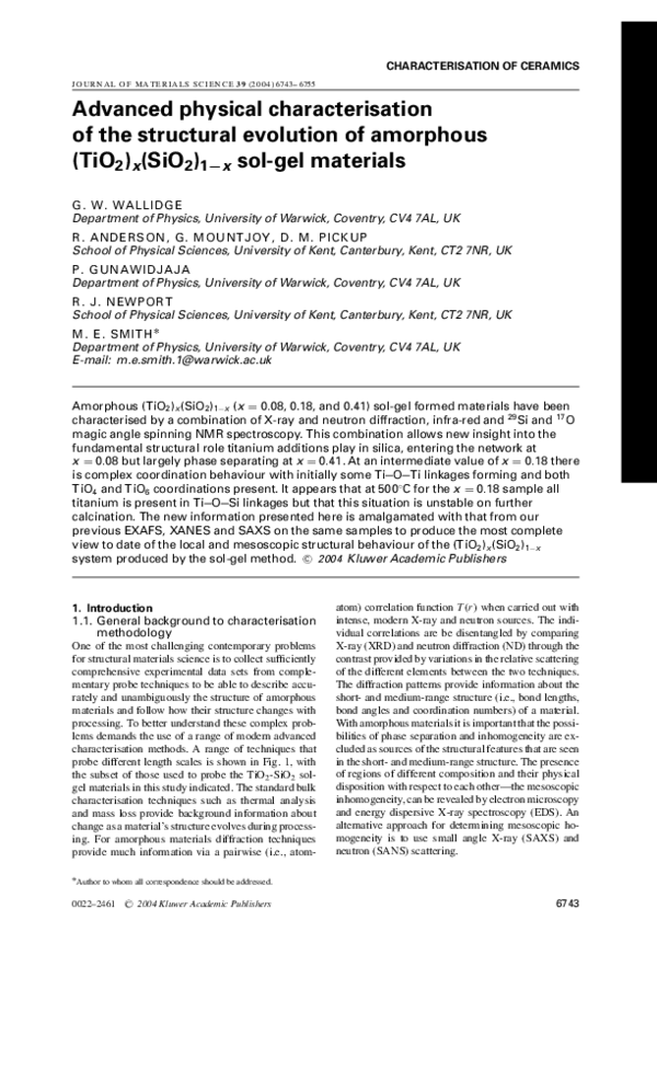 (PDF) Advanced physical characterisation of the structural evolution of amorphous (TiO2)x(SiO2)1 ...