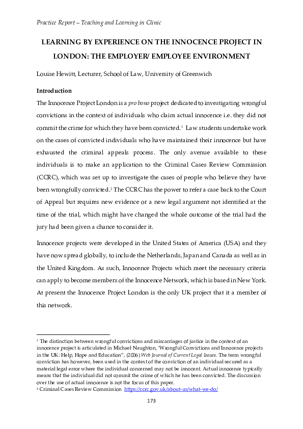 (PDF) Learning by experience on the Innocence Project in London: the ...