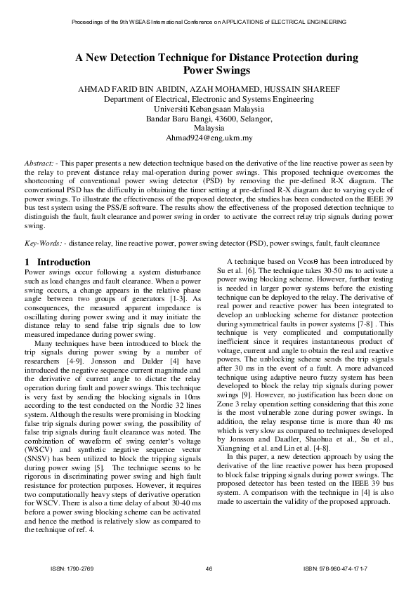 (PDF) A new detection technique for distance protection during power swings