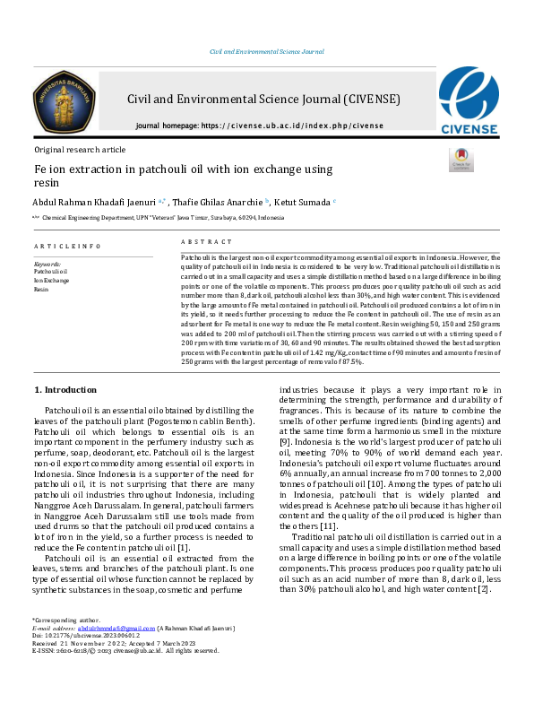 (PDF) Fe ion extraction in patchouli oil with ion exchange using resin