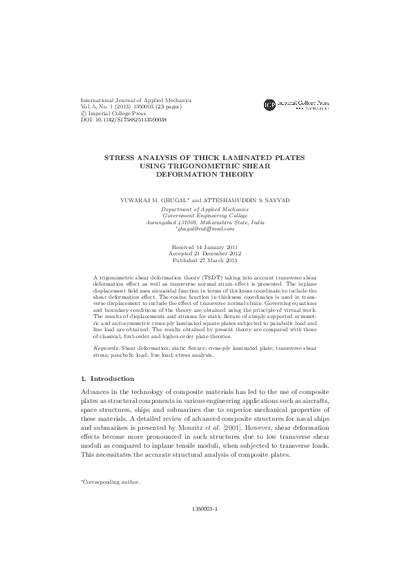 Pdf Stress Analysis Of Thick Laminated Plates Using Trigonometric Shear Deformation Theory