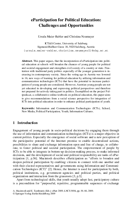 (PDF) eParticipation for Political Education: Challenges and Opportunities