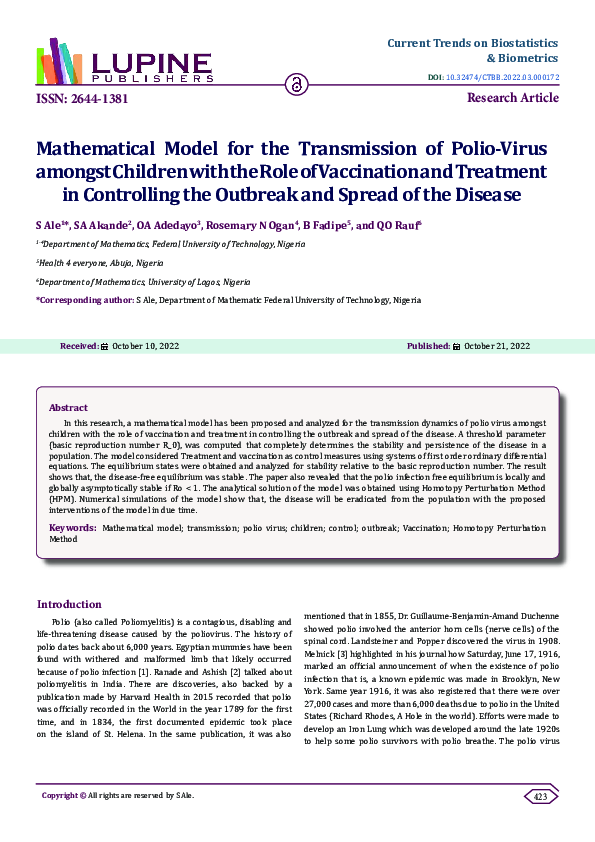 (PDF) Mathematical Model for the Transmission of Polio-Virus amongst ...