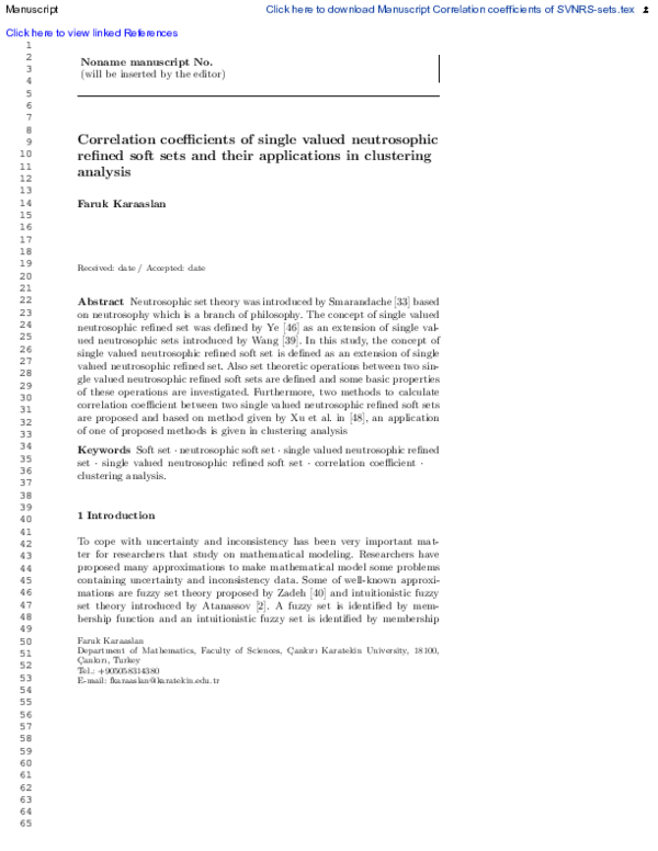 (PDF) Correlation coefficients of single-valued neutrosophic refined soft sets and their ...