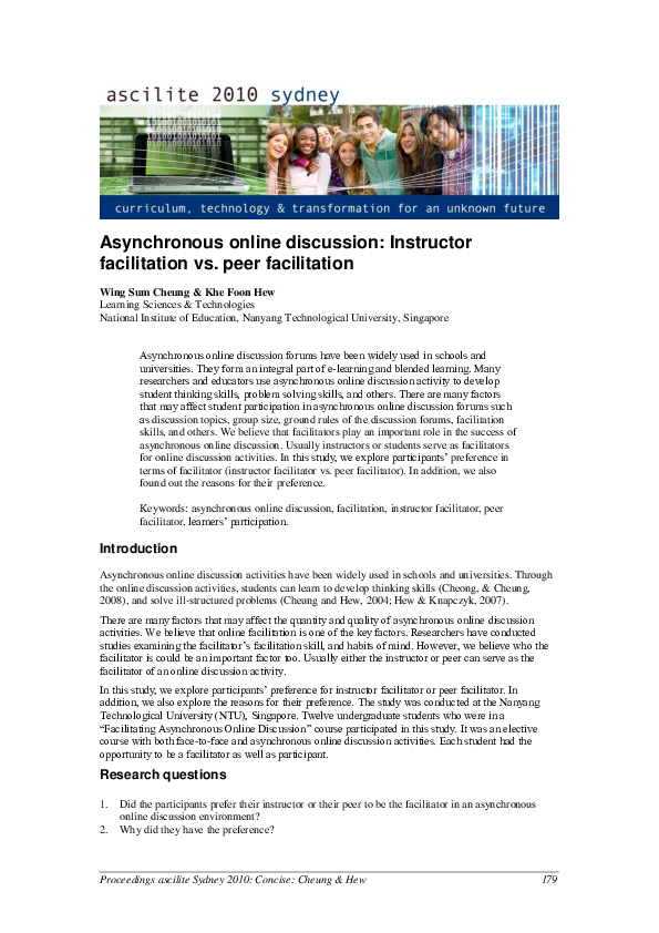 (PDF) Asynchronous online discussion: Instructor facilitation vs. peer facilitation