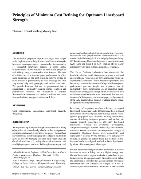 (PDF) Principles of Minimum Cost Refining for Optimum Linerboard Strength