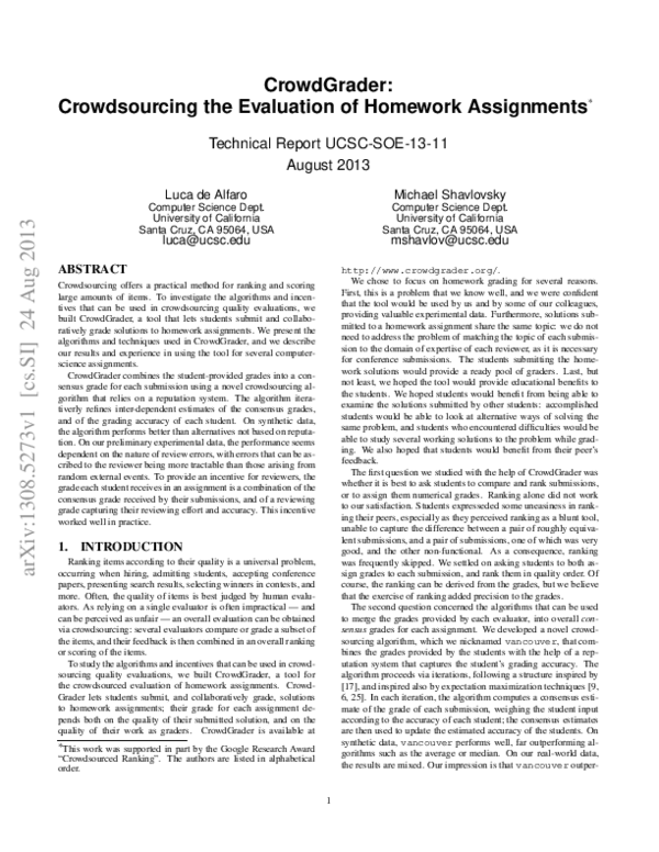 (PDF) CrowdGrader: Crowdsourcing the Evaluation of Homework Assignments | Luca de Alfaro ...