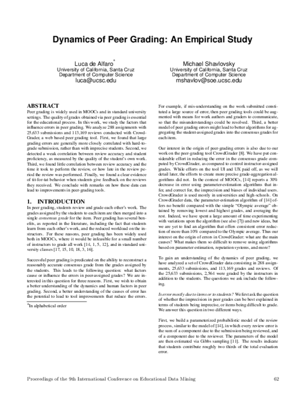(PDF) Dynamics of Peer Grading: An Empirical Study