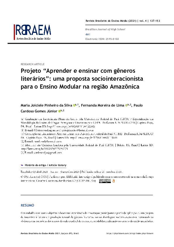(PDF) Projeto "Aprender e ensinar com gêneros literários": uma proposta sociointeracionista para ...