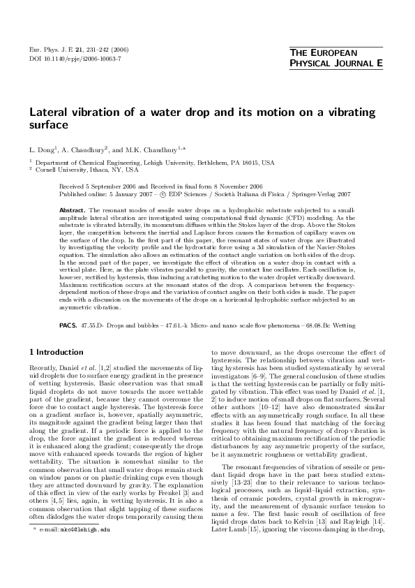 (PDF) Lateral vibration of a water drop and its motion on a vibrating ...