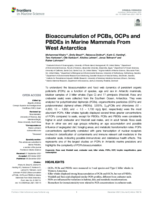 (PDF) Bioaccumulation of PCBs, OCPs and PBDEs in Marine Mammals From ...