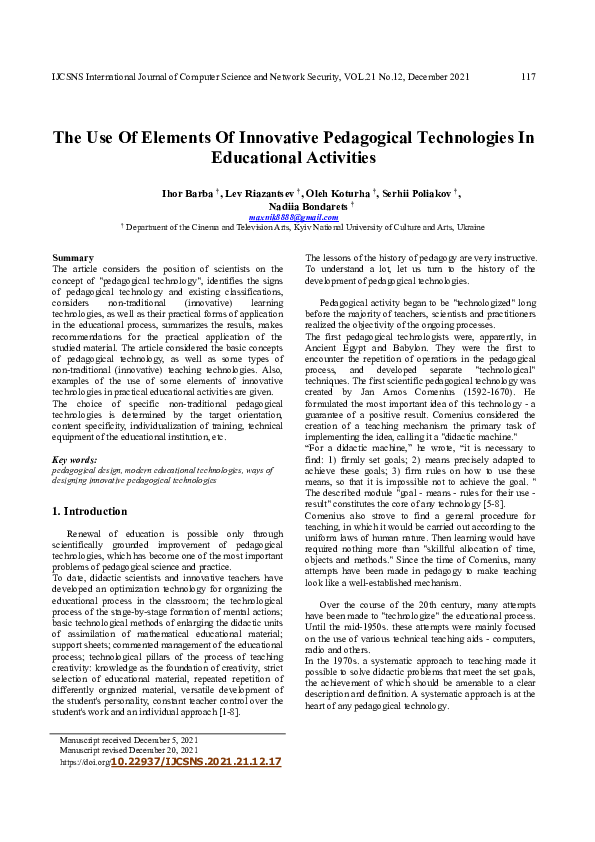 (PDF) The Use Of Elements Of Innovative Pedagogical Technologies In ...