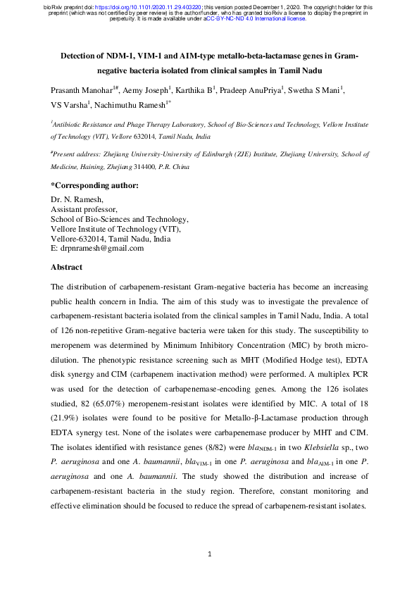 (PDF) Detection of NDM-1, VIM-1 and AIM-type metallo-beta-lactamase ...