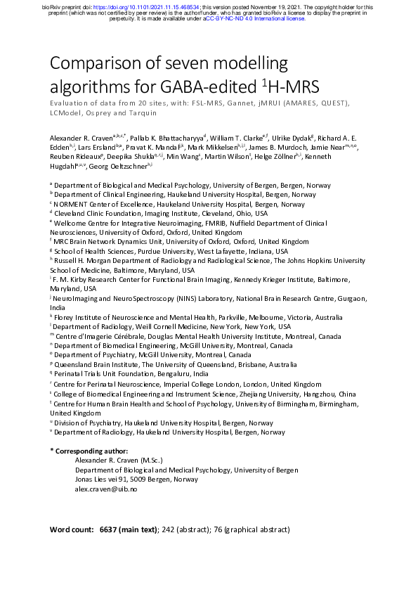 (PDF) Comparison of seven modelling algorithms for GABA-edited 1H-MRS