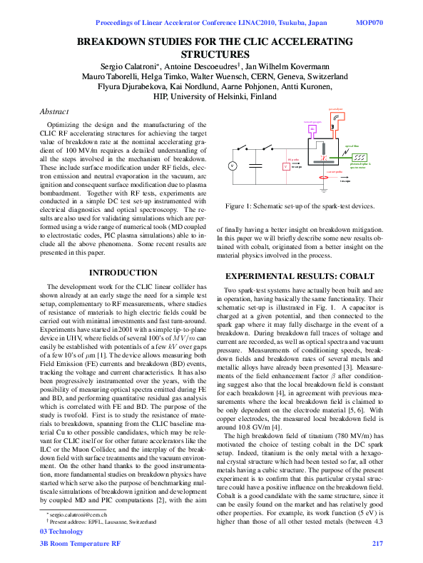 (PDF) Breakdown Studies for the CLIC Accelerating Structures