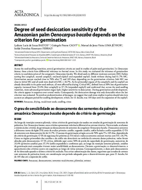 (PDF) Degree of seed desiccation sensitivity of the Amazonian palm ...