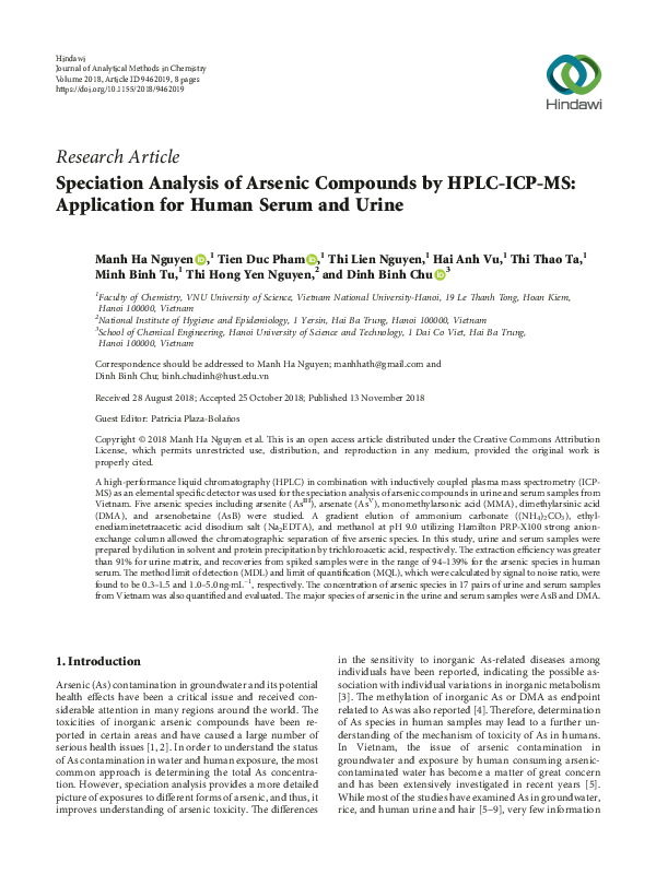(PDF) Speciation Analysis of Arsenic Compounds by HPLC-ICP-MS: Application for Human Serum and Urine